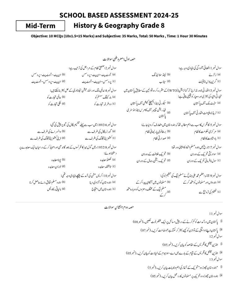 8th Class History & Geography Guess Paper 2nd term 2024 (Urdu Medium)